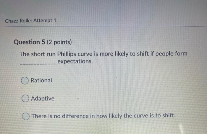 Solved Chazz Rolle: Attempt 1 Question 5 (2 points) The | Chegg.com