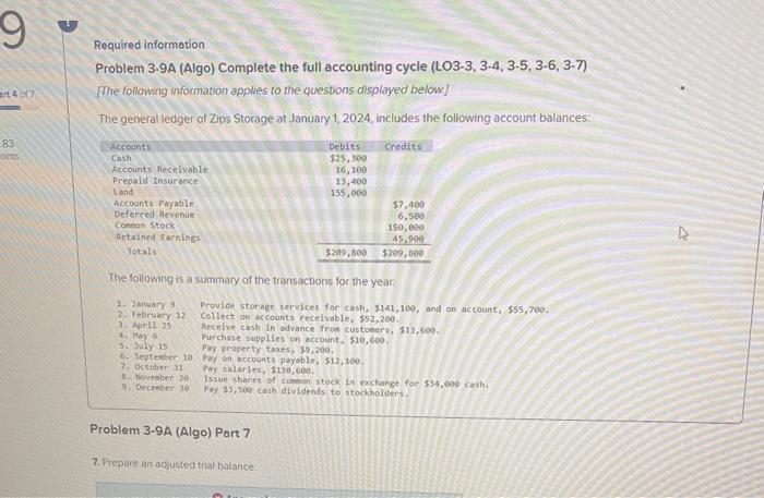 Required information Problem 3.9A (Algo) Complete the | Chegg.com