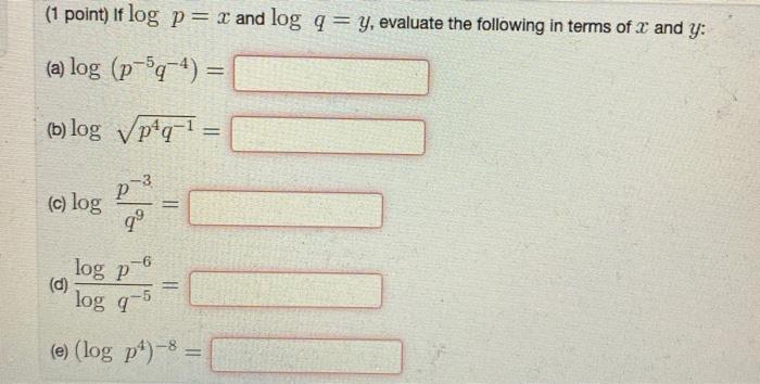 Solved (1 point) If log p= I and log q = y, evaluate the | Chegg.com