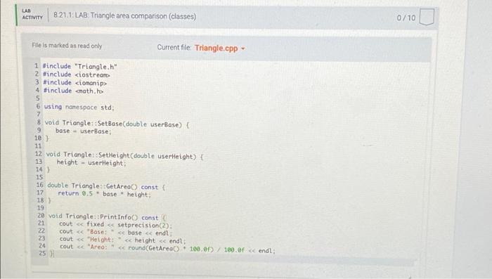 Solved OLA 8.21 LAB: Triangle area comparison (classes) | Chegg.com