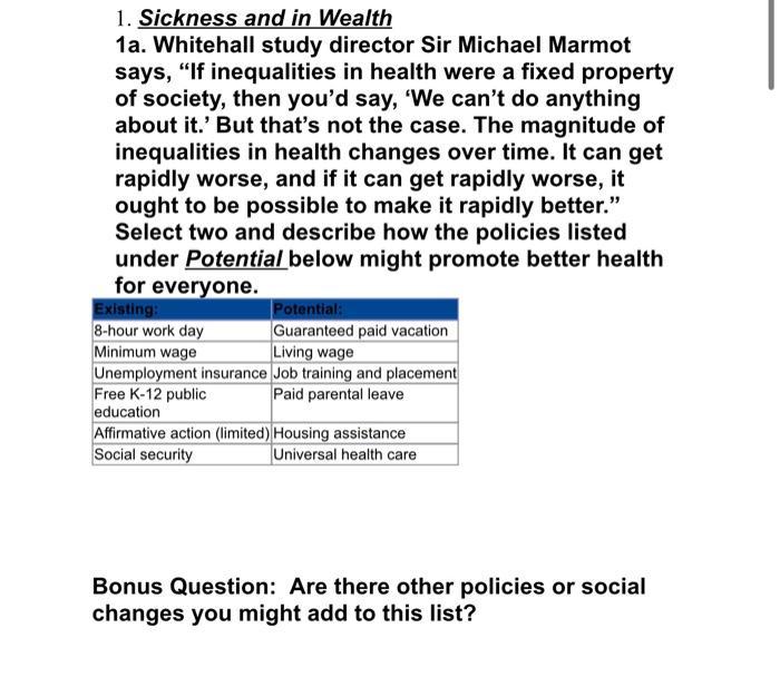 1. Sickness and in Wealth 1a. Whitehall study | Chegg.com