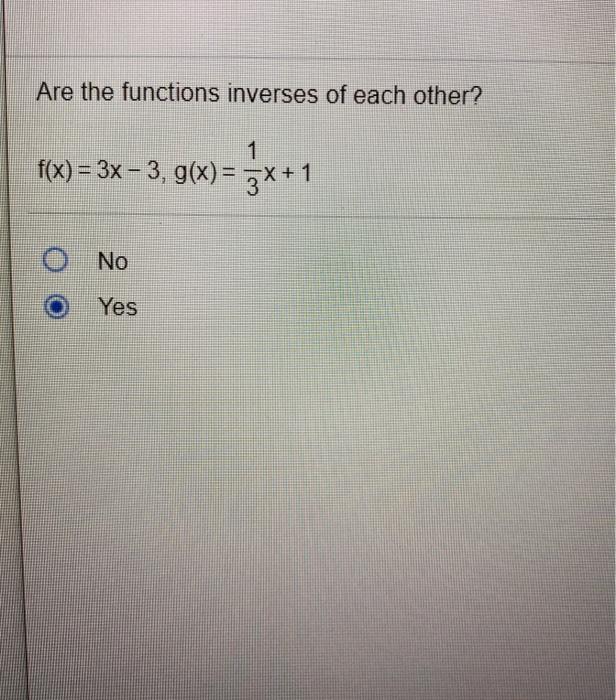 Solved Are the functions inverses of each other? f(x) = 3x - | Chegg.com