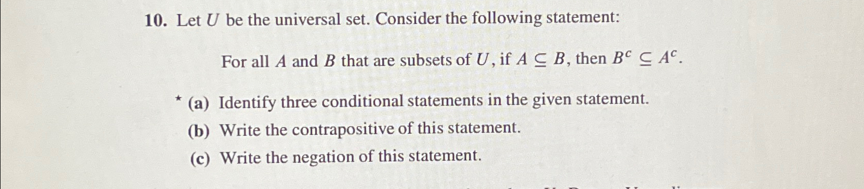 Solved Let U ﻿be the universal set. Consider the following | Chegg.com