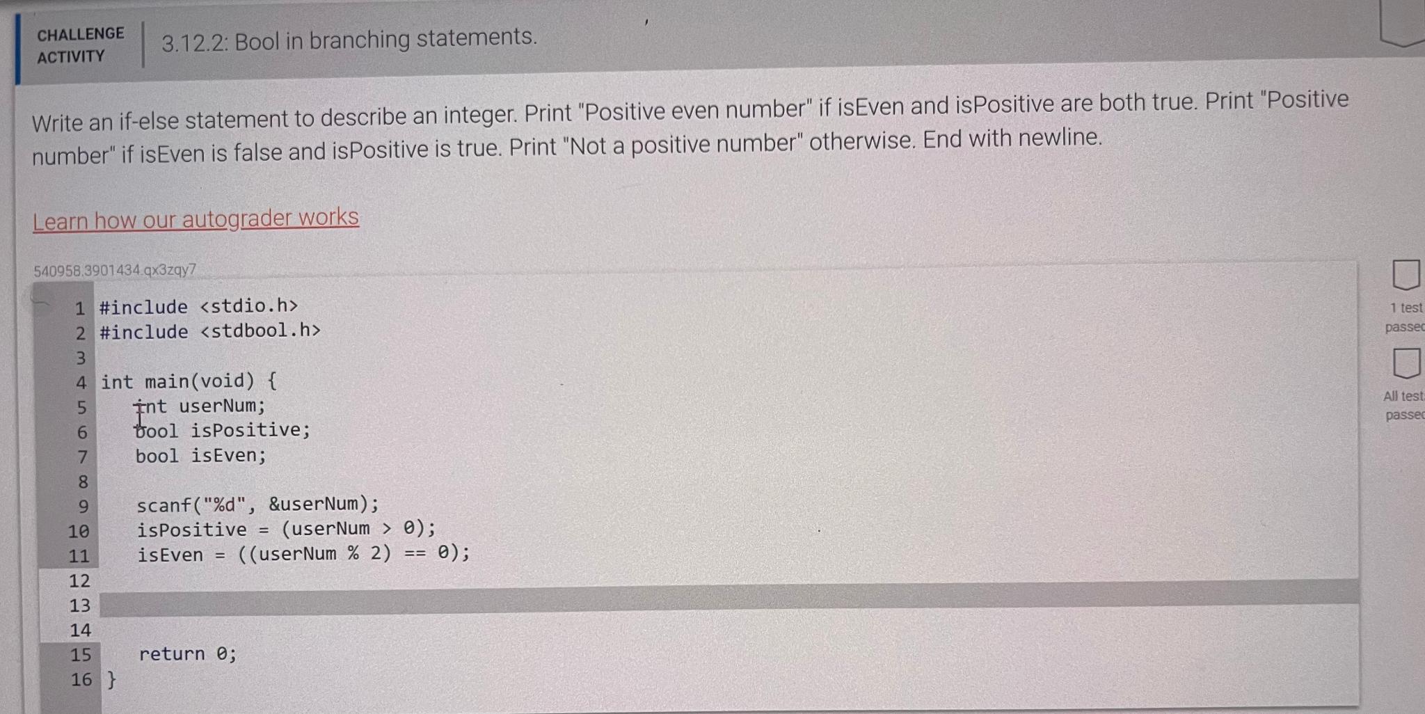 Solved CHALLENGE3.12.2: Bool in branching | Chegg.com