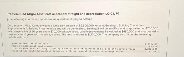 Solved Problem 8-3A (Algo) Asset cost allocation; | Chegg.com