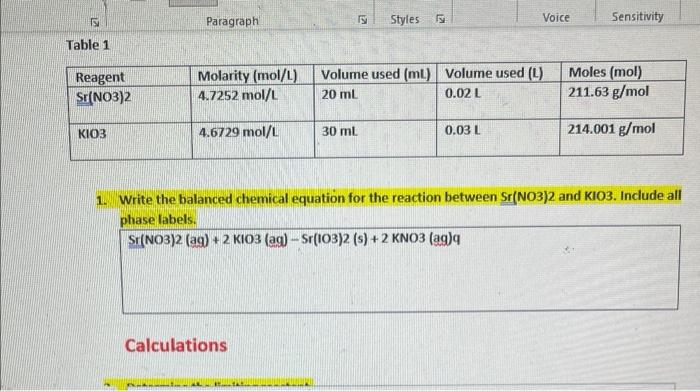 Solved Table 1 1. Write the balanced chemical equation for | Chegg.com