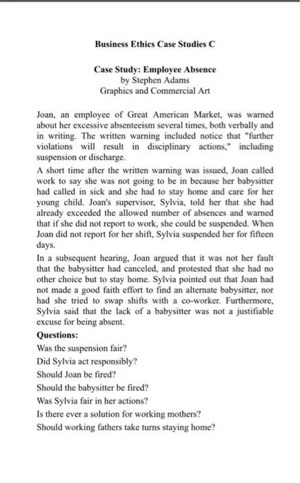 Solved Business Ethics Case Studies C Case Study: Employee | Chegg.com