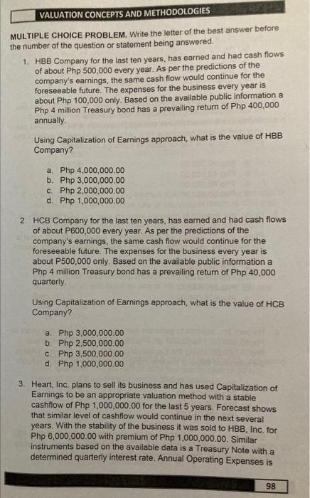 Solved VALUATION CONCEPTS AND METHODOLOGIES MULTIPLE CHOICE | Chegg.com