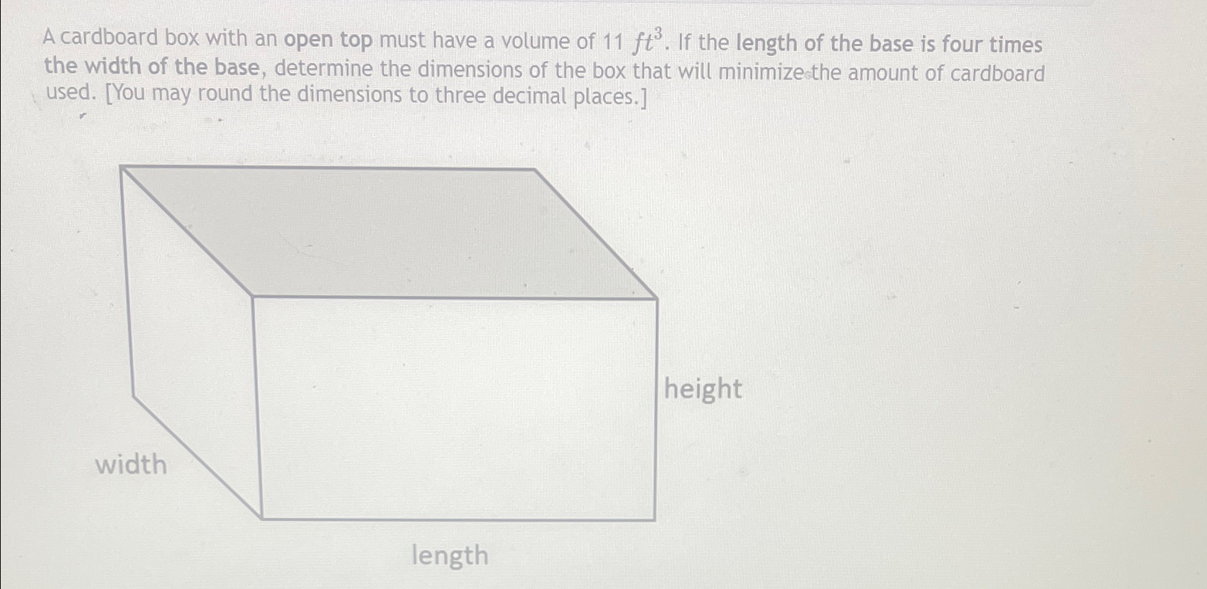 Solved A cardboard box with an open top must have a volume | Chegg.com