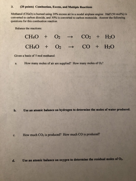 Solved 3. (20 points) Combustion, Excess, and Multiple | Chegg.com