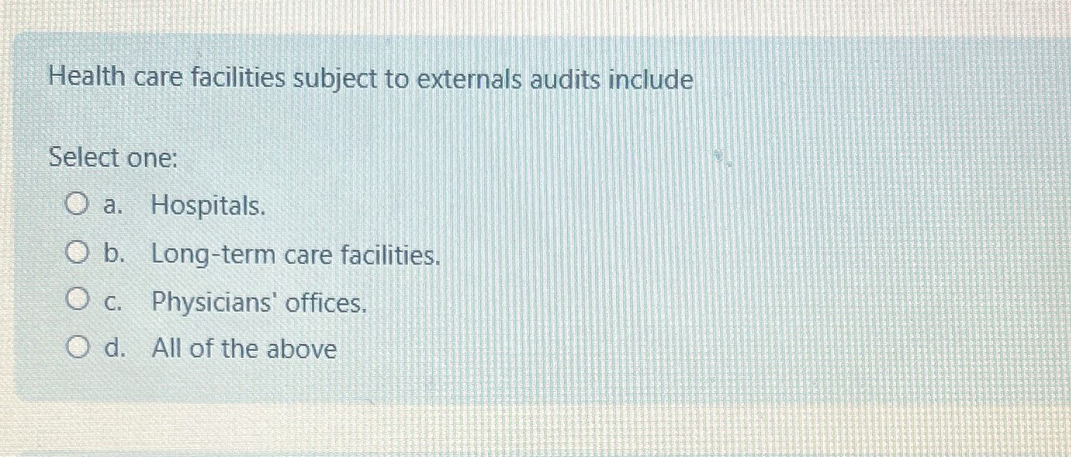 Solved Health care facilities subject to externals audits | Chegg.com
