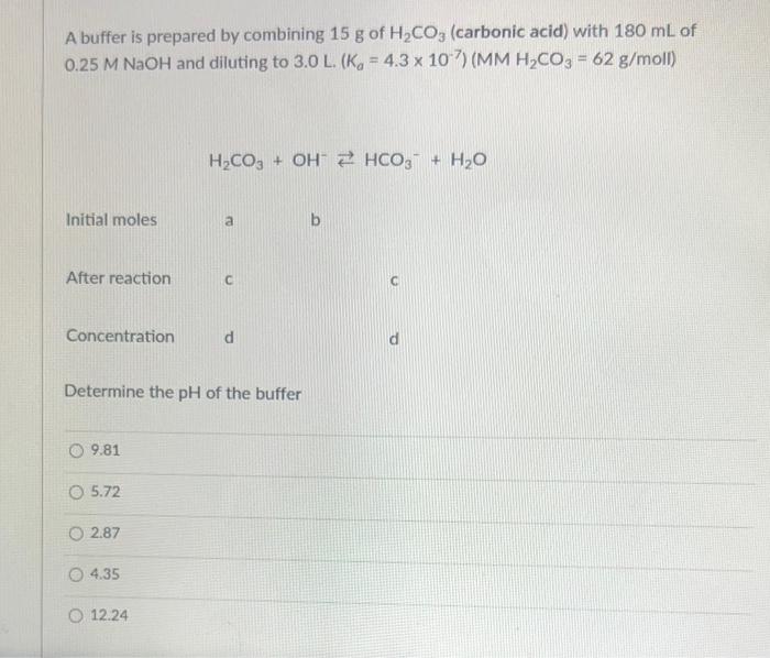 Solved A buffer is prepared by combining 15 g of H2CO3 | Chegg.com
