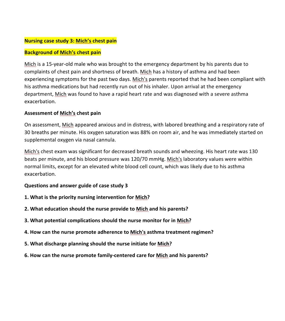 Nursing case study 3: Mich's chest pain Background of | Chegg.com