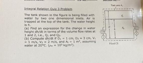 Solved Integral Relation Quiz 3 Problem The tank shown in | Chegg.com