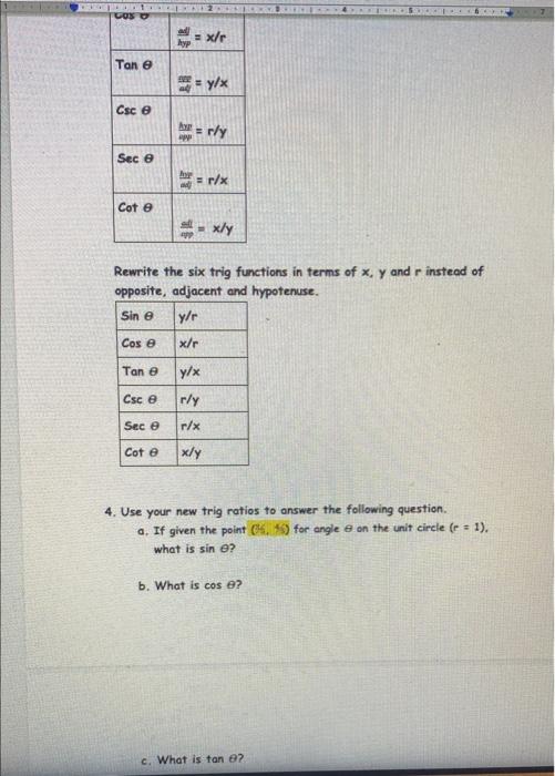 Solved Unit Circle - Pythagorean Theorem & Trig Ratios Use | Chegg.com