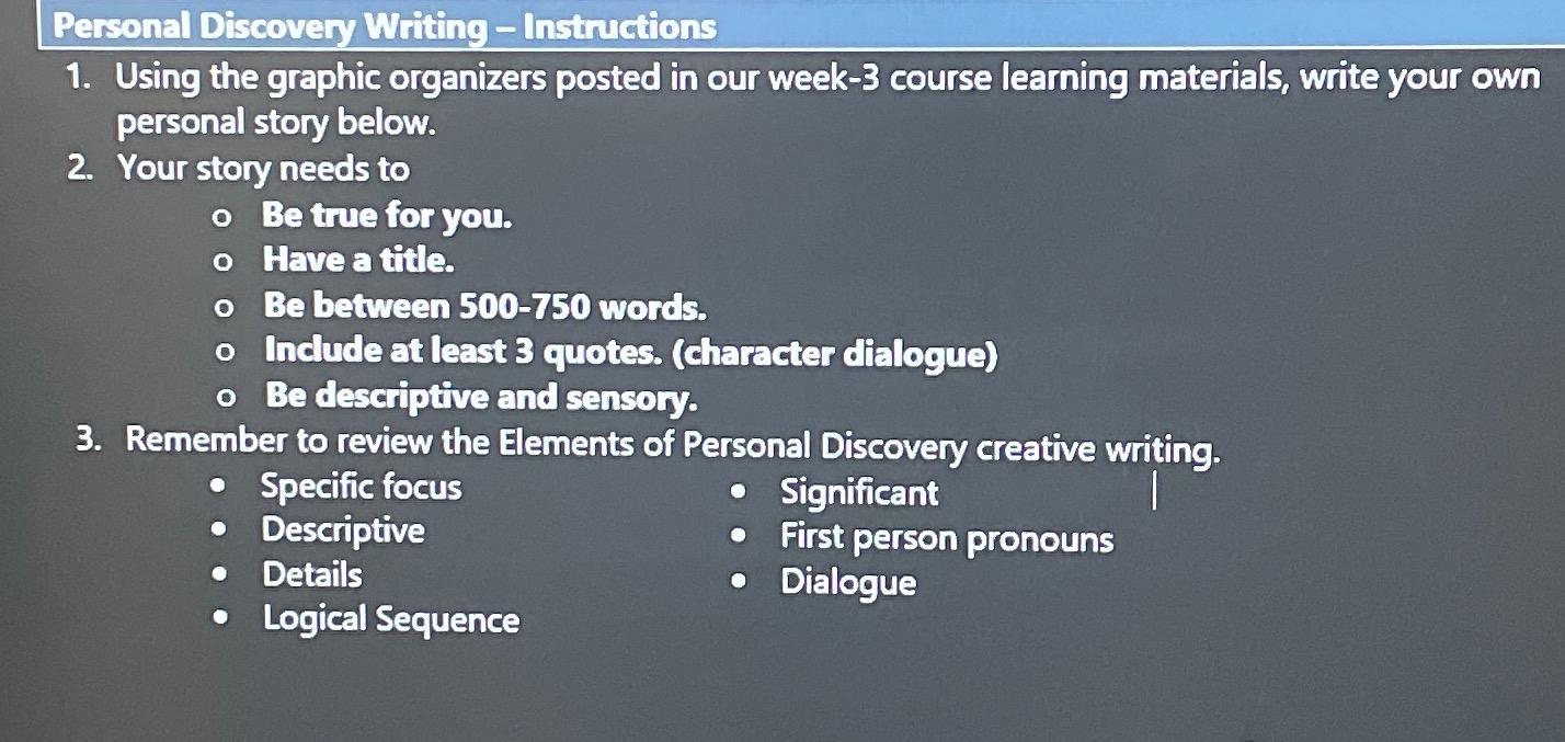 Solved Personal Discovery Writing - ﻿InstructionsUsing the | Chegg.com
