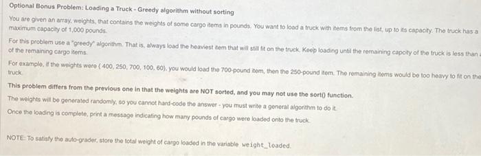 Solved Optional Bonus Problem: Loading a Truck - Greedy | Chegg.com