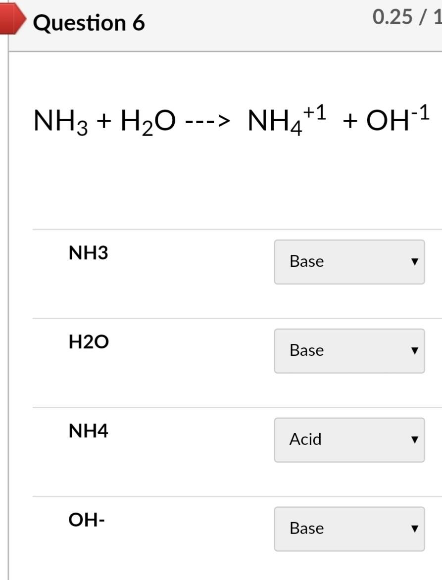 Solved Question 6 0.25/1 NH3 + H2O ---> NH4+1 + OH-1 NH3 | Chegg.com
