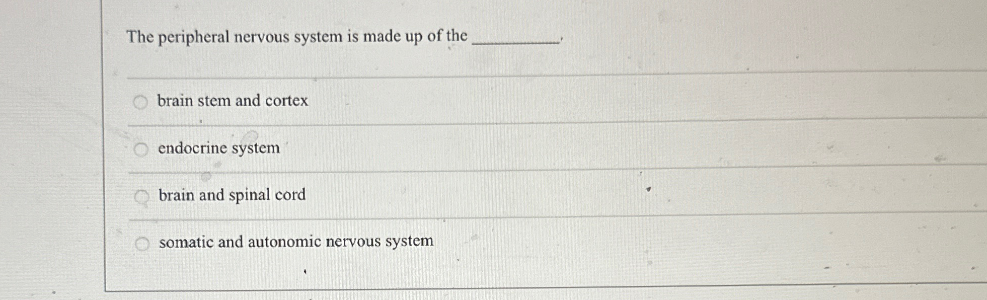 Solved The peripheral nervous system is made up of thebrain | Chegg.com