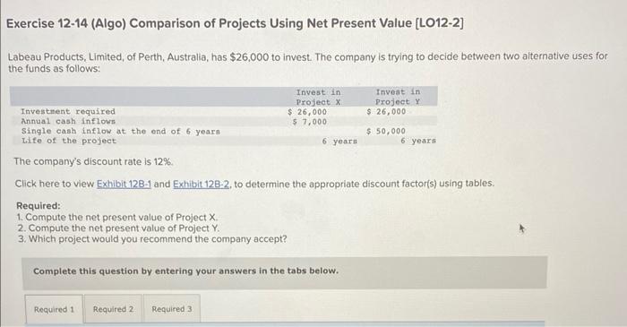 Solved Exercise 12-14 (Algo) Comparison of Projects Using | Chegg.com