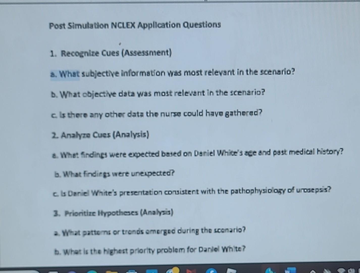 Solved Post Simulation NCLEX Application questions 1. | Chegg.com