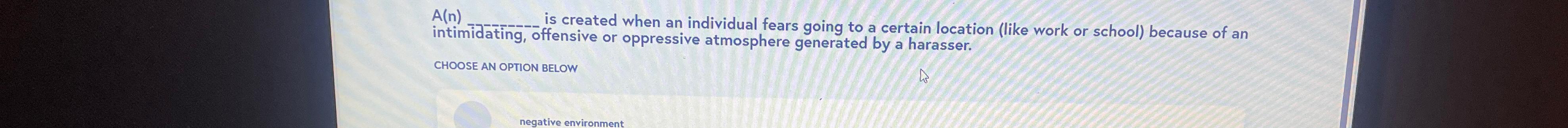 Solved A(n) ﻿is created when an individual fears going to a | Chegg.com