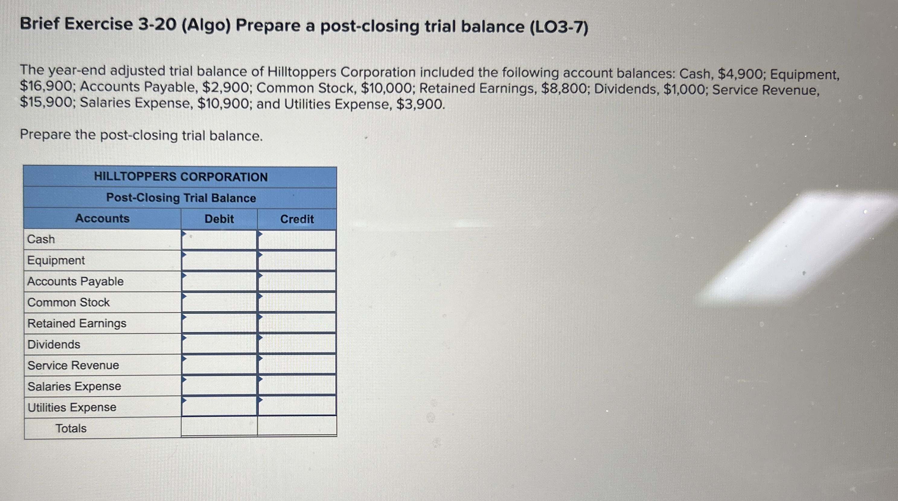 Solved Brief Exercise 3-20 (Algo) Prepare a post-closing | Chegg.com Solved Brief Exercise 3-20 (Algo) Prepare a post-closing | Chegg.com
