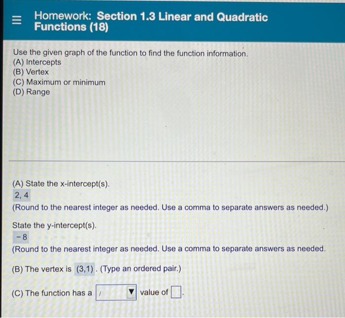 Solved Homework Section 1 3 Linear And Quadratic Functions