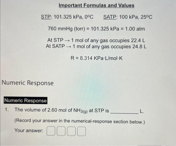 Solved Important Formulas and Values STP: 101.325kPa,0∘C | Chegg.com