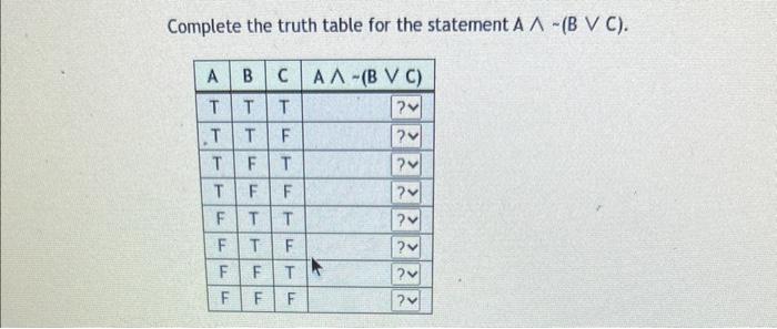 Solved Complete the truth table for the statement A∧∼(B∨C). | Chegg.com