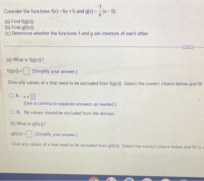 Solved Consider the functions f(x)=6x+5 and g(x)=61(x−5). | Chegg.com