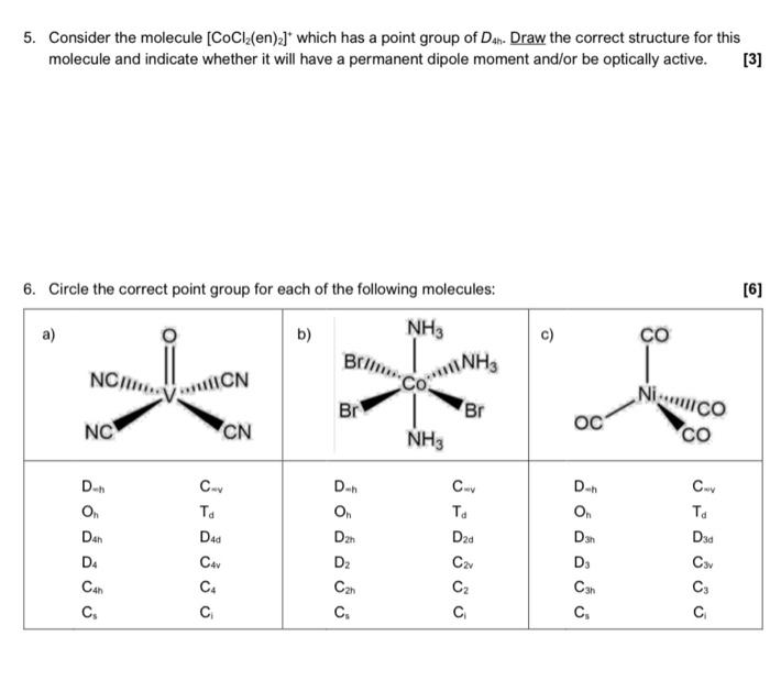 Solved NCHI.CN 5. Consider the molecule (CoCl2(en)]* which | Chegg.com