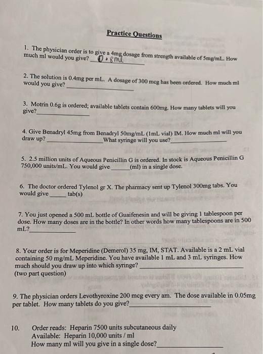 Solved 1. The physician order is to give a 4mg dosage from | Chegg.com