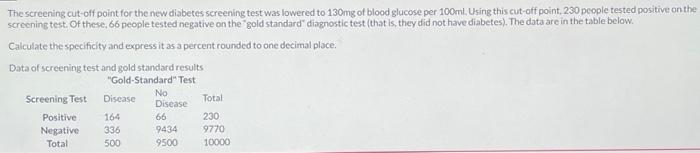 The screening cut-off point for the new diabetes | Chegg.com
