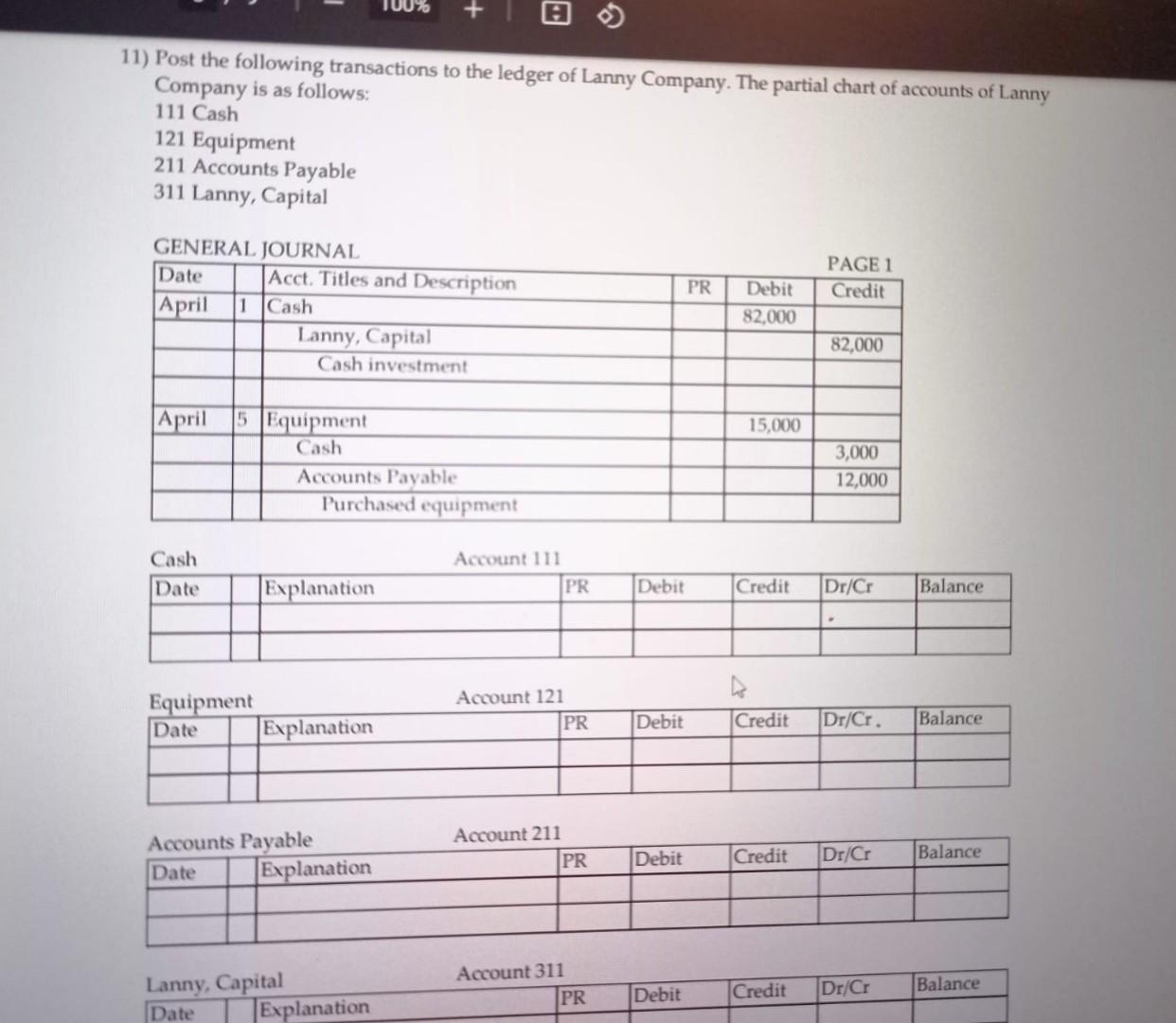 Solved 11) Post the following transactions to the ledger of | Chegg.com