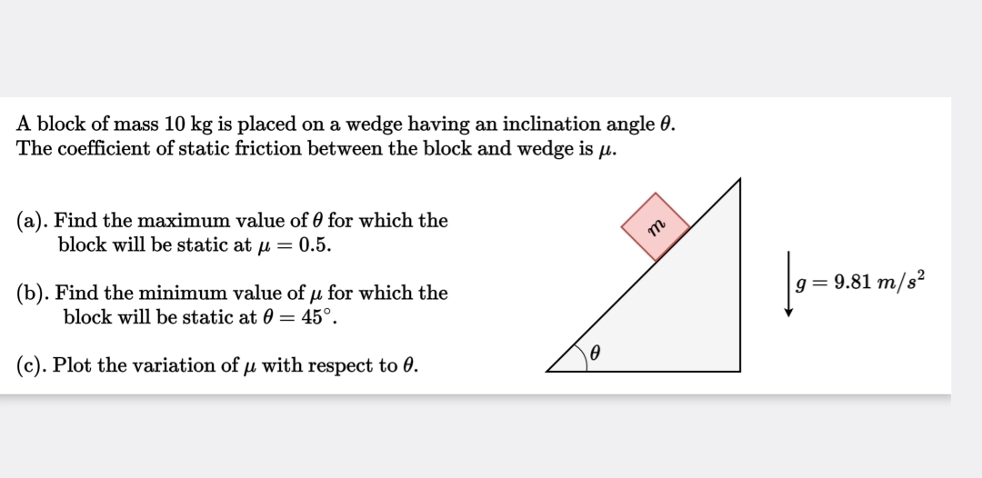 Solved A block of mass 10 ﻿kg is placed on a wedge having an | Chegg.com