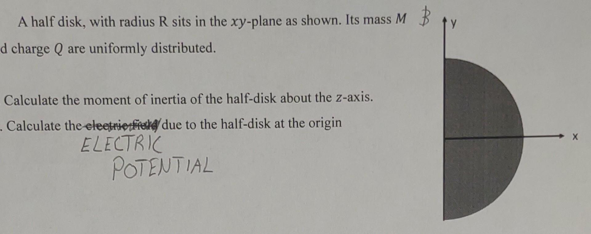 Solved A half disk, with radius R sits in the xy-plane as | Chegg.com