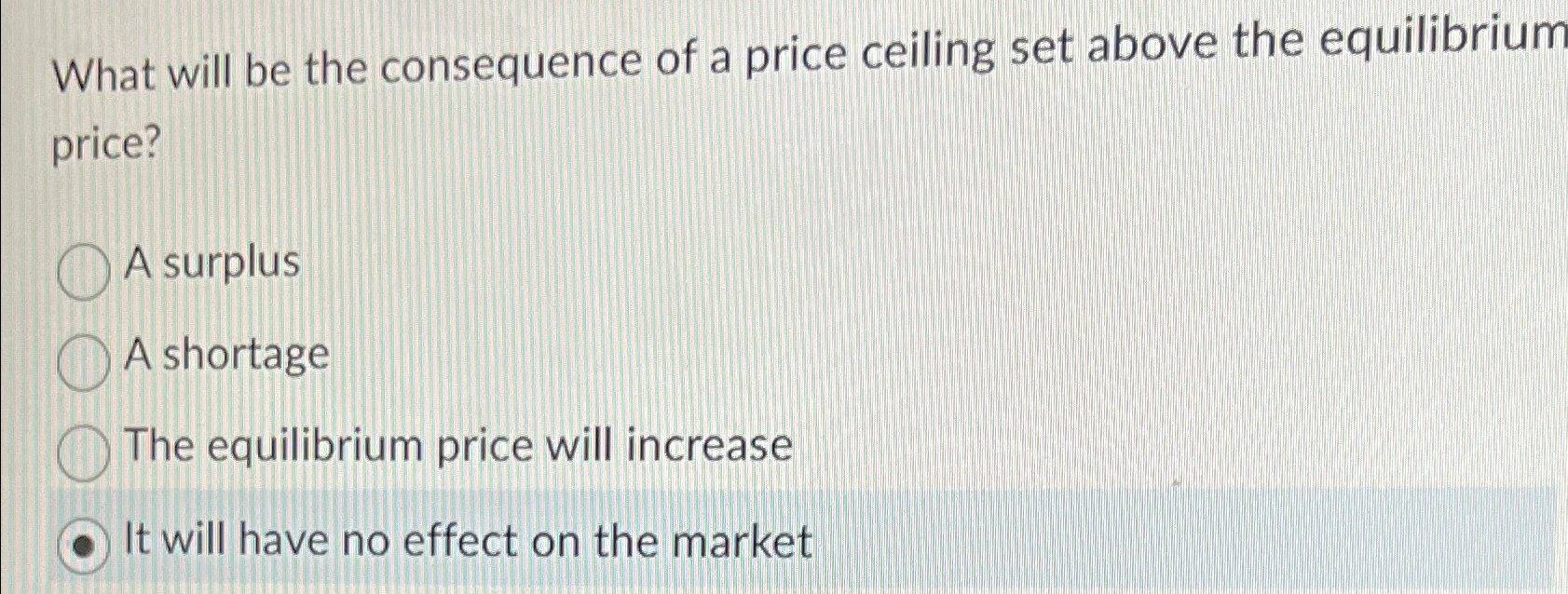 Solved What will be the consequence of a price ceiling set | Chegg.com