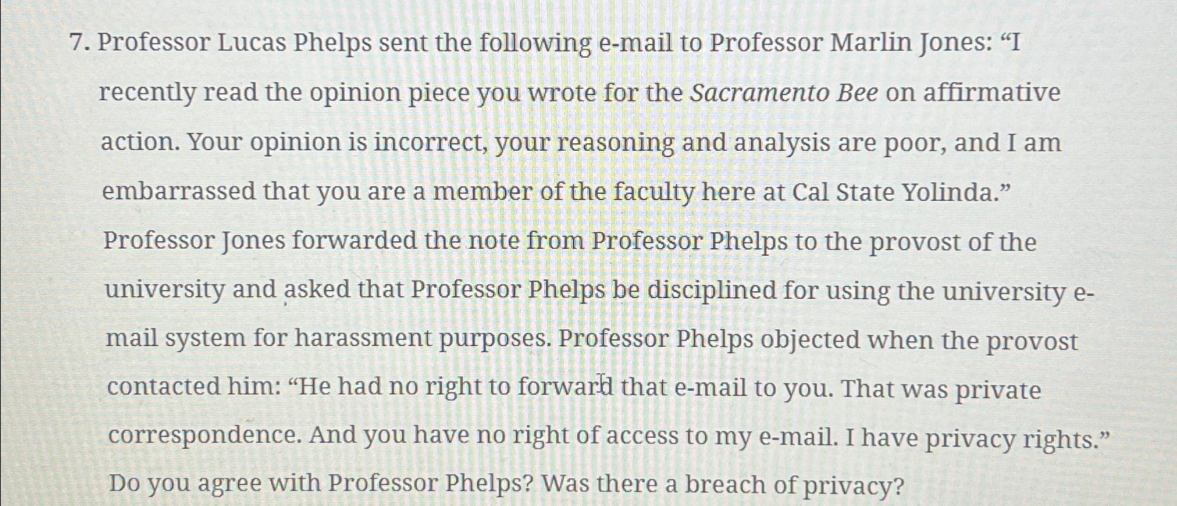 Solved Professor Lucas Phelps sent the following e-mail to | Chegg.com