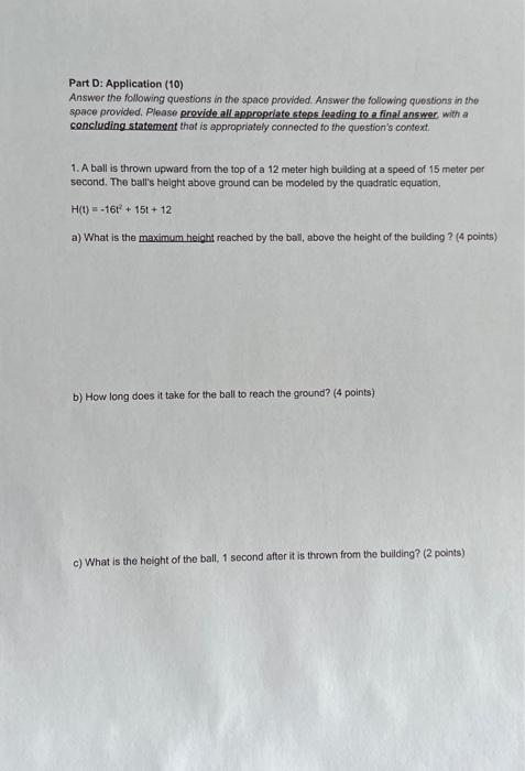 Solved Part D: Application (10) Answer the following | Chegg.com