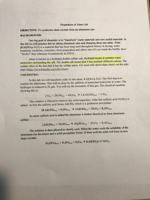 Solved Preparation of Alum Lab OBJECTIVE: To synthesize alum | Chegg.com