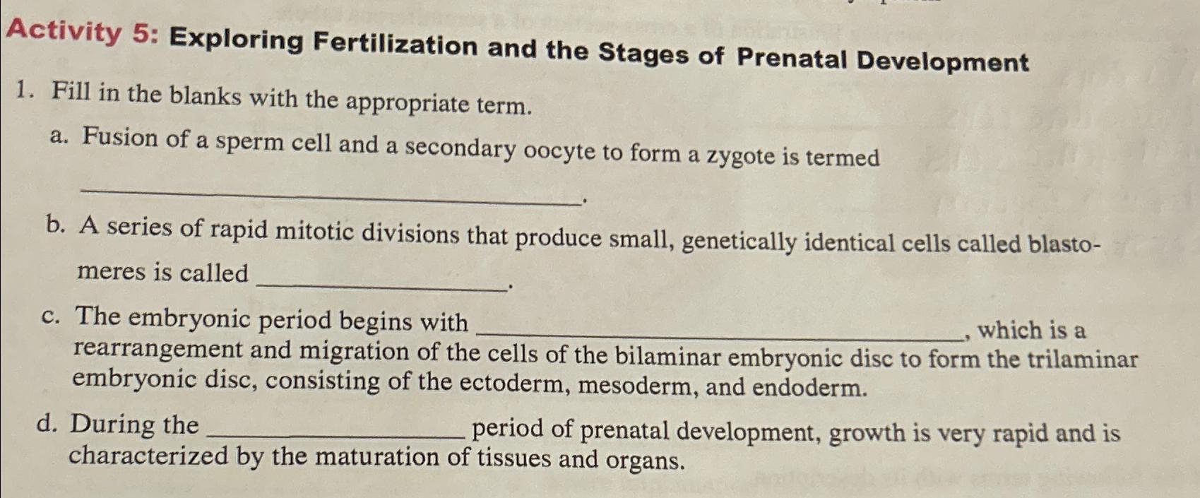 Solved Activity 5: Exploring Fertilization and the Stages of | Chegg.com
