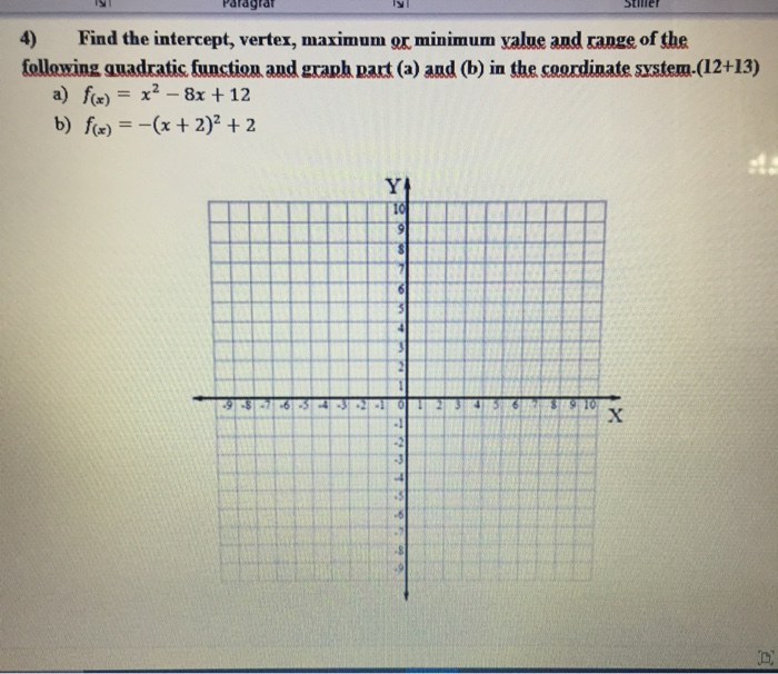 Solved Find the intercept, verter, maximum or minimum value | Chegg.com