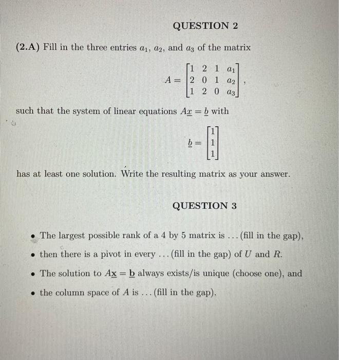 Solved (2.A) Fill in the three entries a1,a2, and a3 of the | Chegg.com