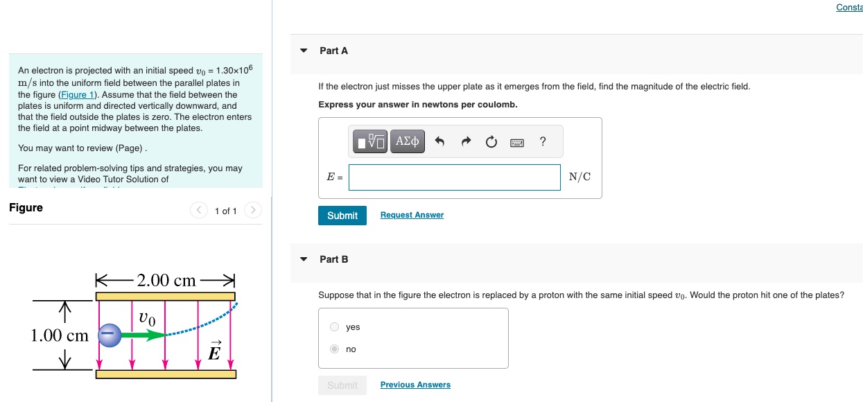 Solved Part AAn electron is projected with an initial speed | Chegg.com