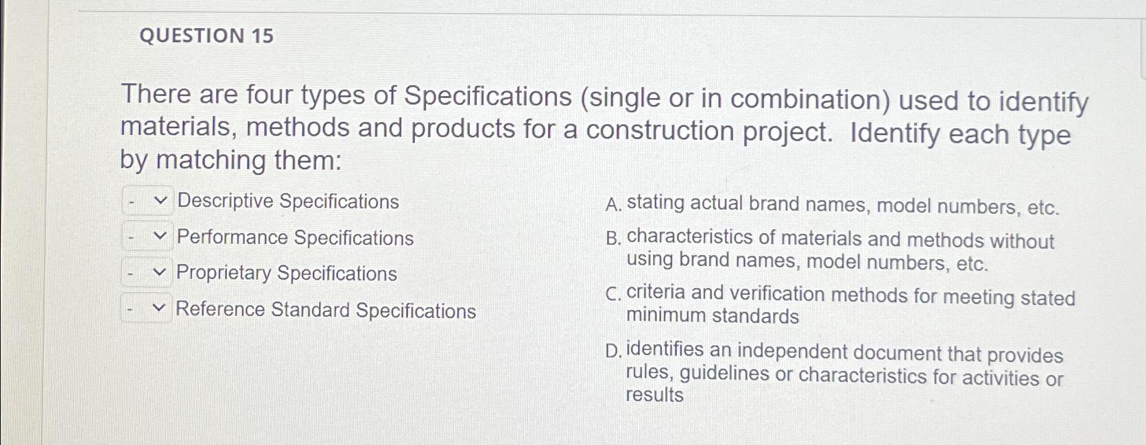 Solved QUESTION 15There are four types of Specifications | Chegg.com
