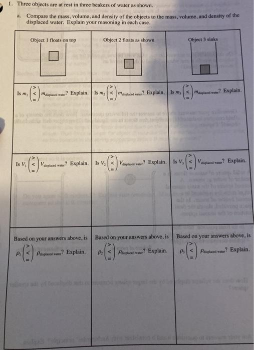 Solved 1. Three objects are at rest in three beakers of | Chegg.com