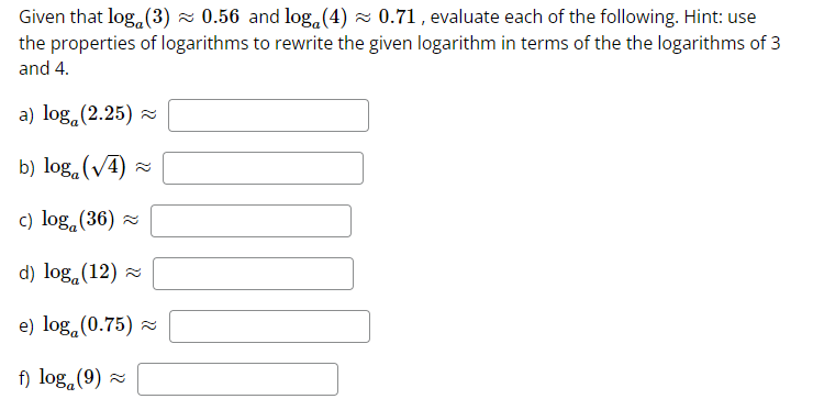 Solved Given that loga(3)~~0.56 ﻿and loga(4)~~0.71, | Chegg.com