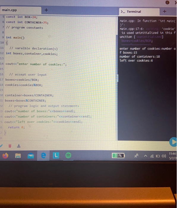 Solved >- Terminal + main.cpp 5 const int BOX-24; 6 const | Chegg.com