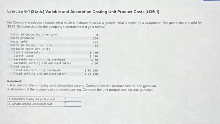 Solved Exercise 6-1 (Static) Variable and Absorption Costing | Chegg.com